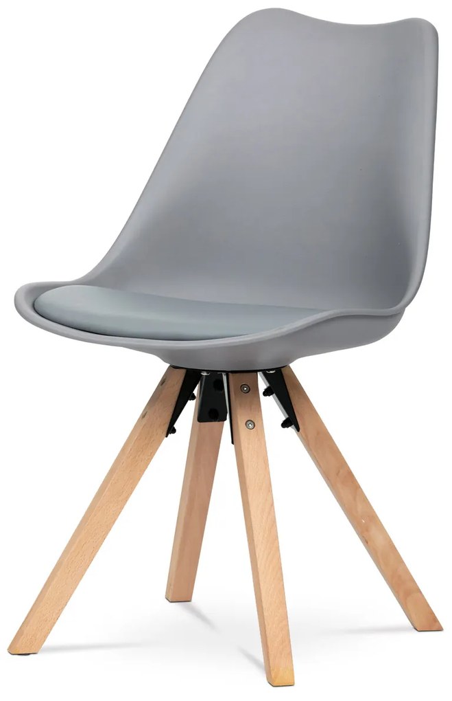 AUTRONIC Jídelní židle, šedá plastová skořepina, sedák ekokůže, nohy masiv přírodní buk