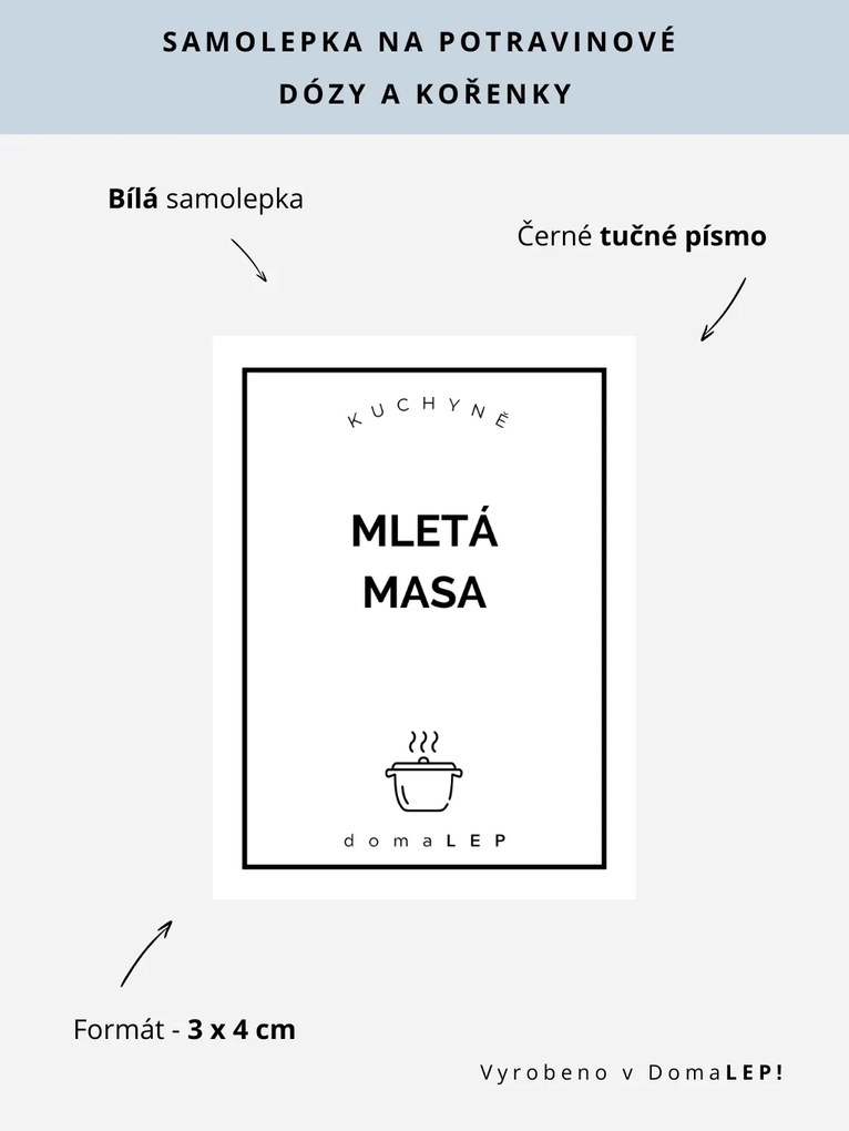Samolepka na kořenky MLETÁ MASA bílá 3 × 4 cm tučné písmo