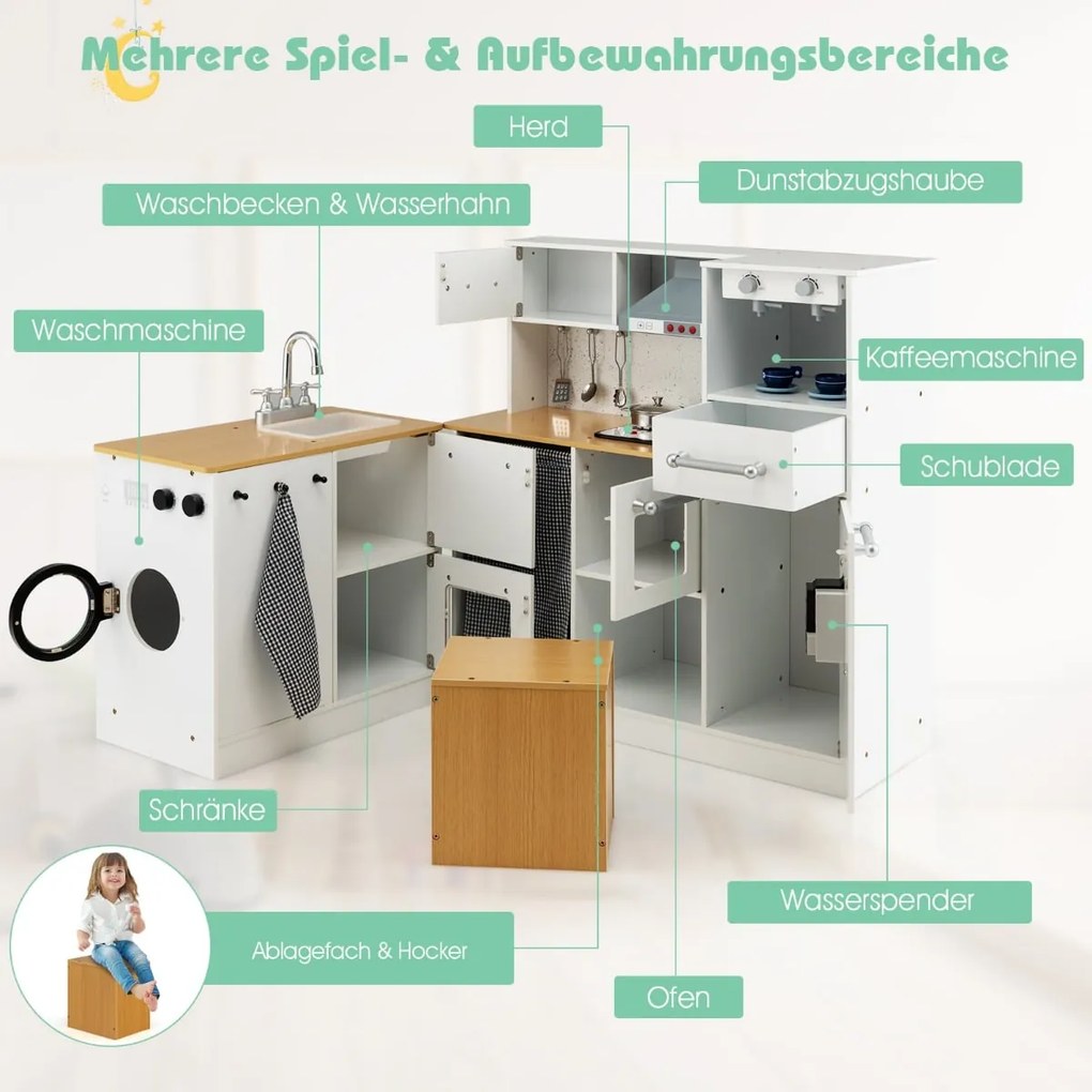 Costway Dětská kuchyňka set hrací kuchyňka s lehkým taburetem kávovar dávkovač
