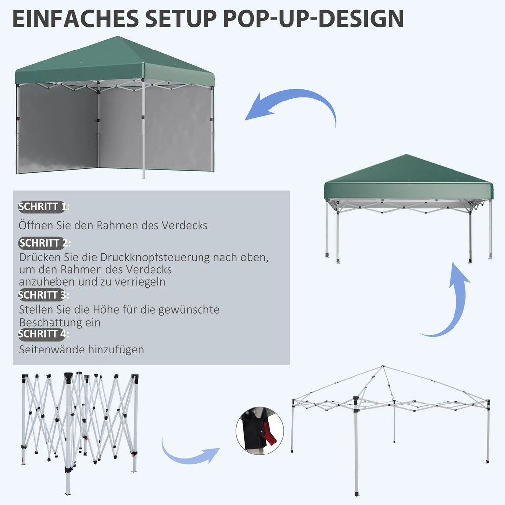 Faltpavillon, 2 Seitenwände, höhenverstellbar, mit Transporttasche, rostfreies Stahlgestell, 3 x 3 m, Grün