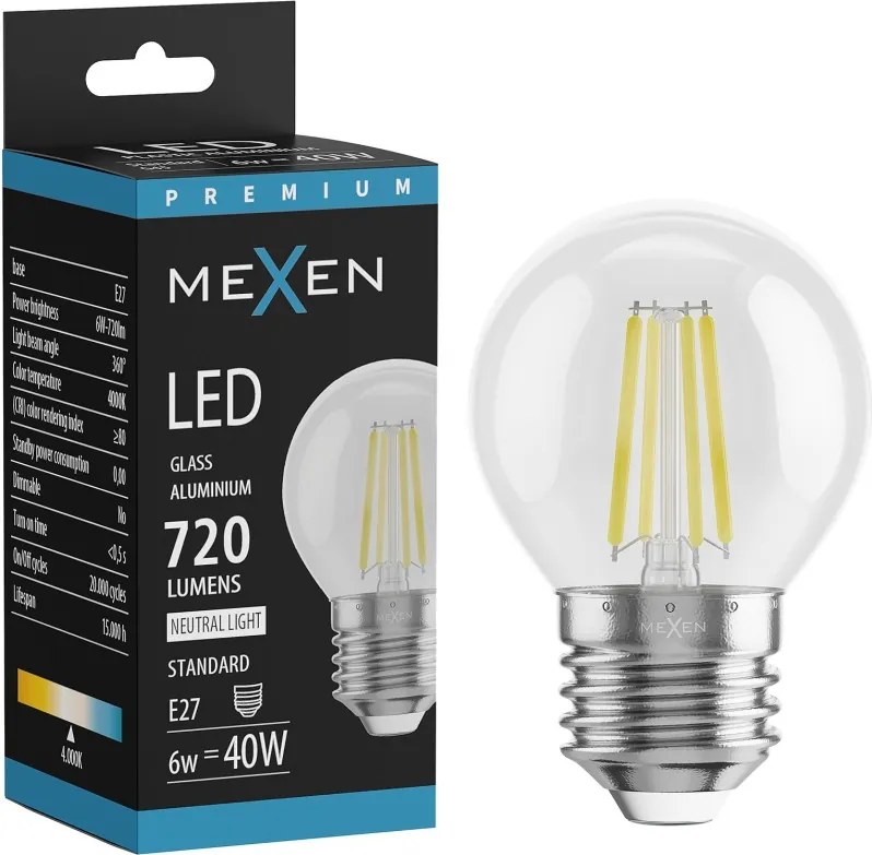 Mexen Vintis, LED filamentová žárovka E27, G45, 6 W, neutrální bílá 4000K, čirá, L156-E27-0640-00