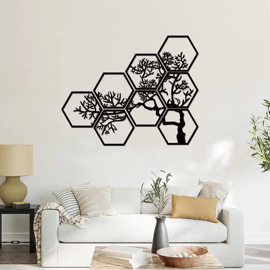 dřevo života Dřevěný strom na zeď HEXAGON Zvolte barvu dekoru: Antracitová, Rozměry šxv (cm): 60x48