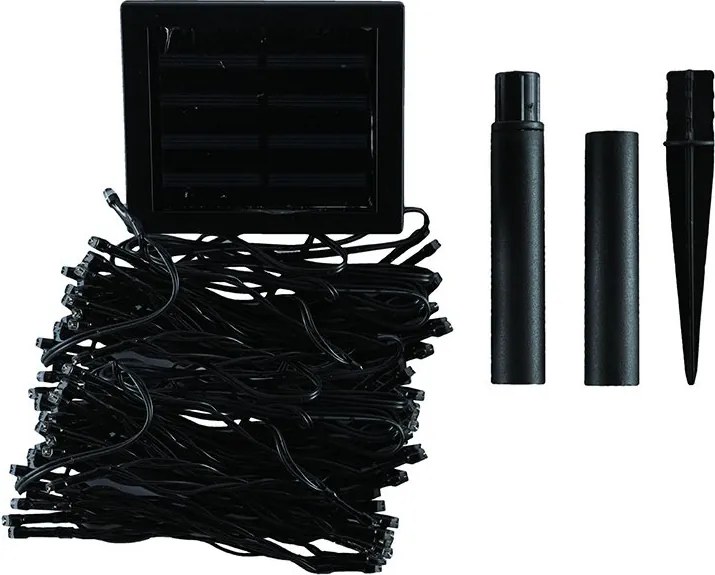 LED venkovní solární světýlka na zahradu, 20 m, ledově bílá, 200 diod, černý kabel, IP44, solární panel