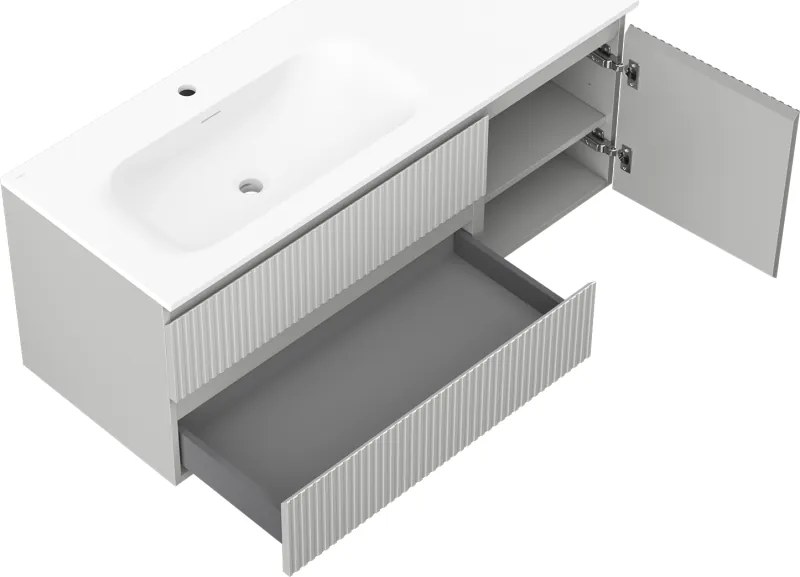 Mexen Rivel, koupelnová skříňka 120 cm s umyvadlem Vela vlevo, 2S, 1D, drážkovaná, šedá matná/bílá matná - 91A23-12047-3-BBFFF62-W23L01
