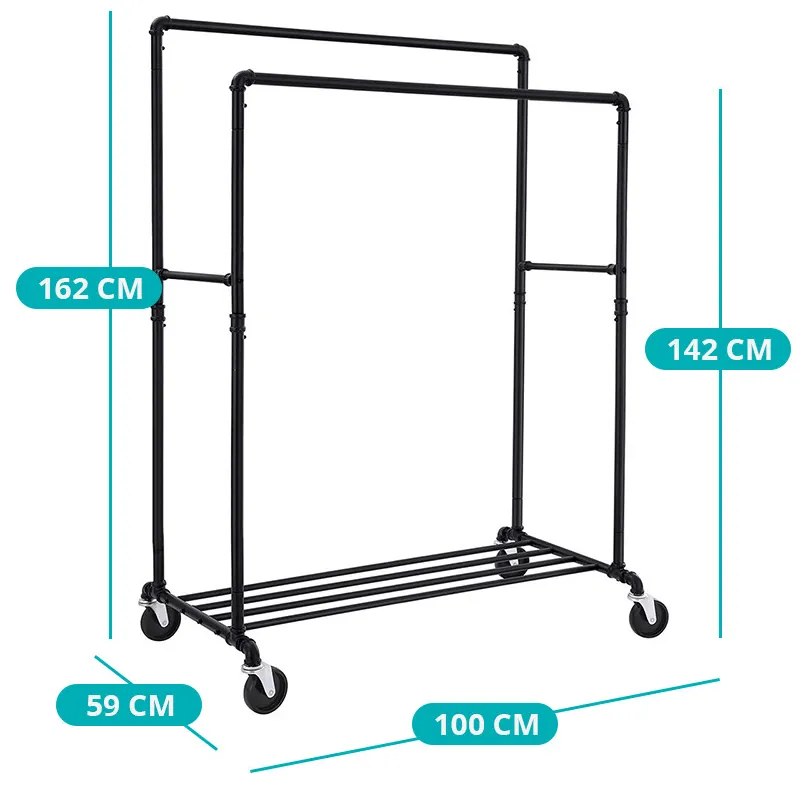 Dvojitý pojízdný věšák na oblečení, černý