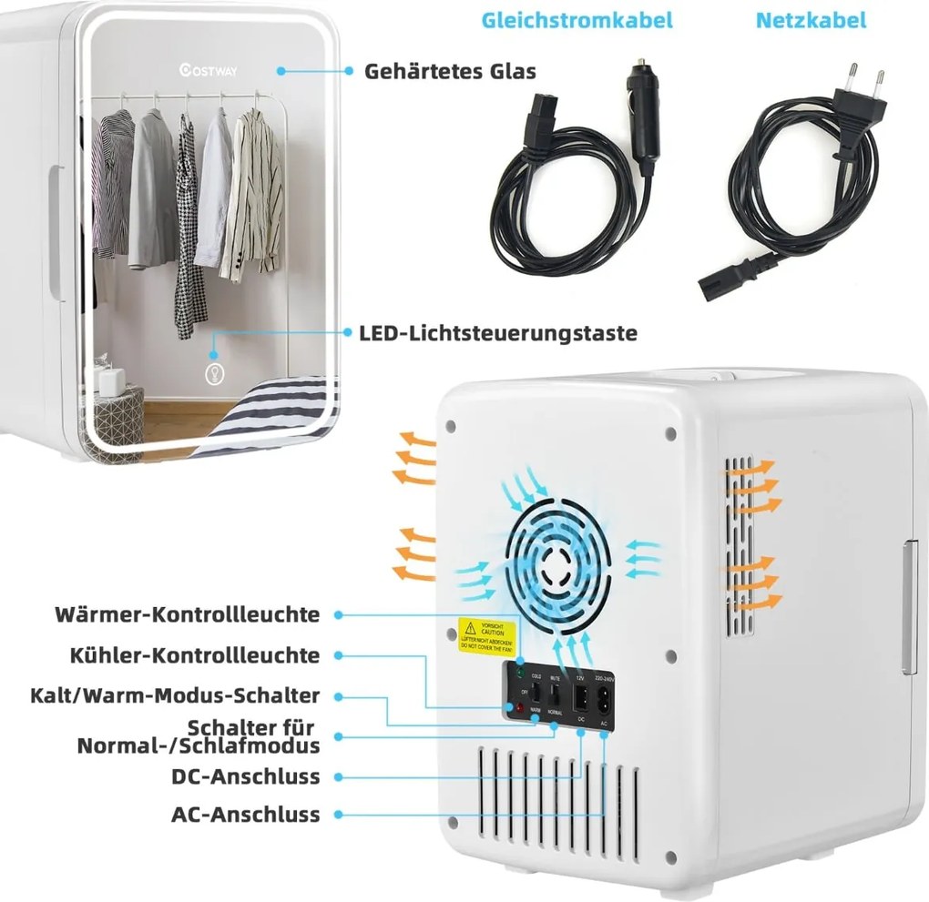 Costway Mini lednice 10 l přenosná lednice s LED zrcadlem – 23 × 28 × 34 cm
