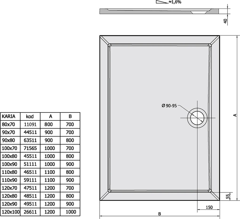 Polysan, KARIA sprchová vanička z litého mramoru, obdélník 120x80x4cm, bílá, 48511