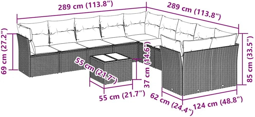 11dílná zahradní sedací souprava s poduškami šedá polyratan 3250091