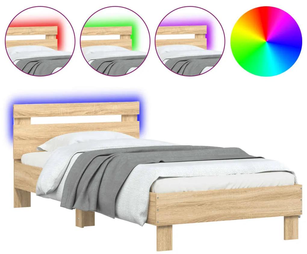 vidaXL Rám postele s čelem a LED osvětlením dub sonoma 90 x 190 cm
