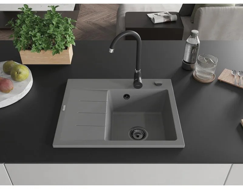 Mexen Ben, 1-komorový granitový dřez 600x500x190 mm, pravý + černý sifon, šedá, 6523605000-71-B