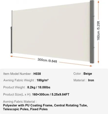 Stahovací boční markýza, 160 × 299,7 cm Venkovní ochranná – KSSCP160X300B18WCV0