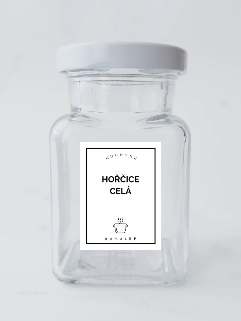 Samolepka na kořenky HOŘČICE CELÁ bílá 3 × 4 cm tučné písmo