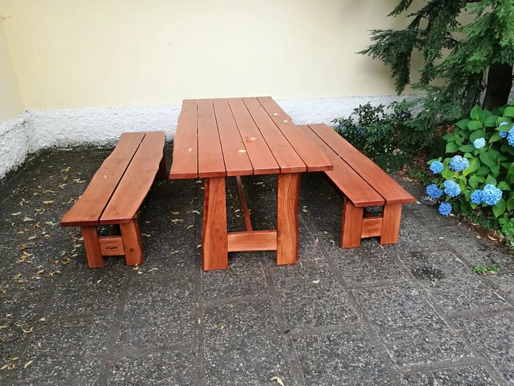 KULHÁNEK Zahradní dubová sestava - stůl, 2x lavice bez opěradla (rustikální provedení) Délka: 150 cm, Odstín nátěru: lazura - ořech
