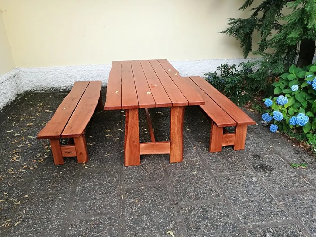 KULHÁNEK Zahradní dubová sestava - stůl, 2x lavice bez opěradla (rustikální provedení) Délka: 230 cm, Odstín nátěru: lazura - teak