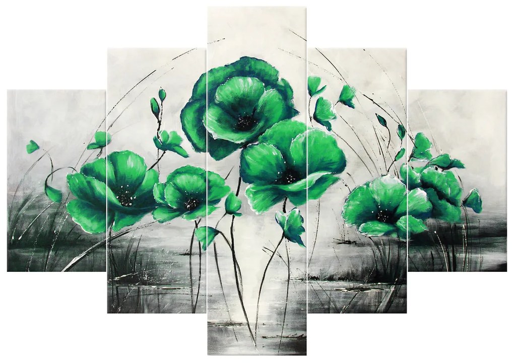 Gario Ručně malovaný obraz Zelené Vlčí máky - 5 dílný Rozměry: 100 x 70 cm