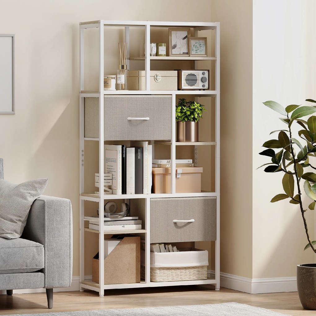HOMCOM úložný regál 6 pater, knihovna se 2 látkovými zásuvkami, 9 otevřených přihrádek, 72,5 x 30 x 150 cm, bílá