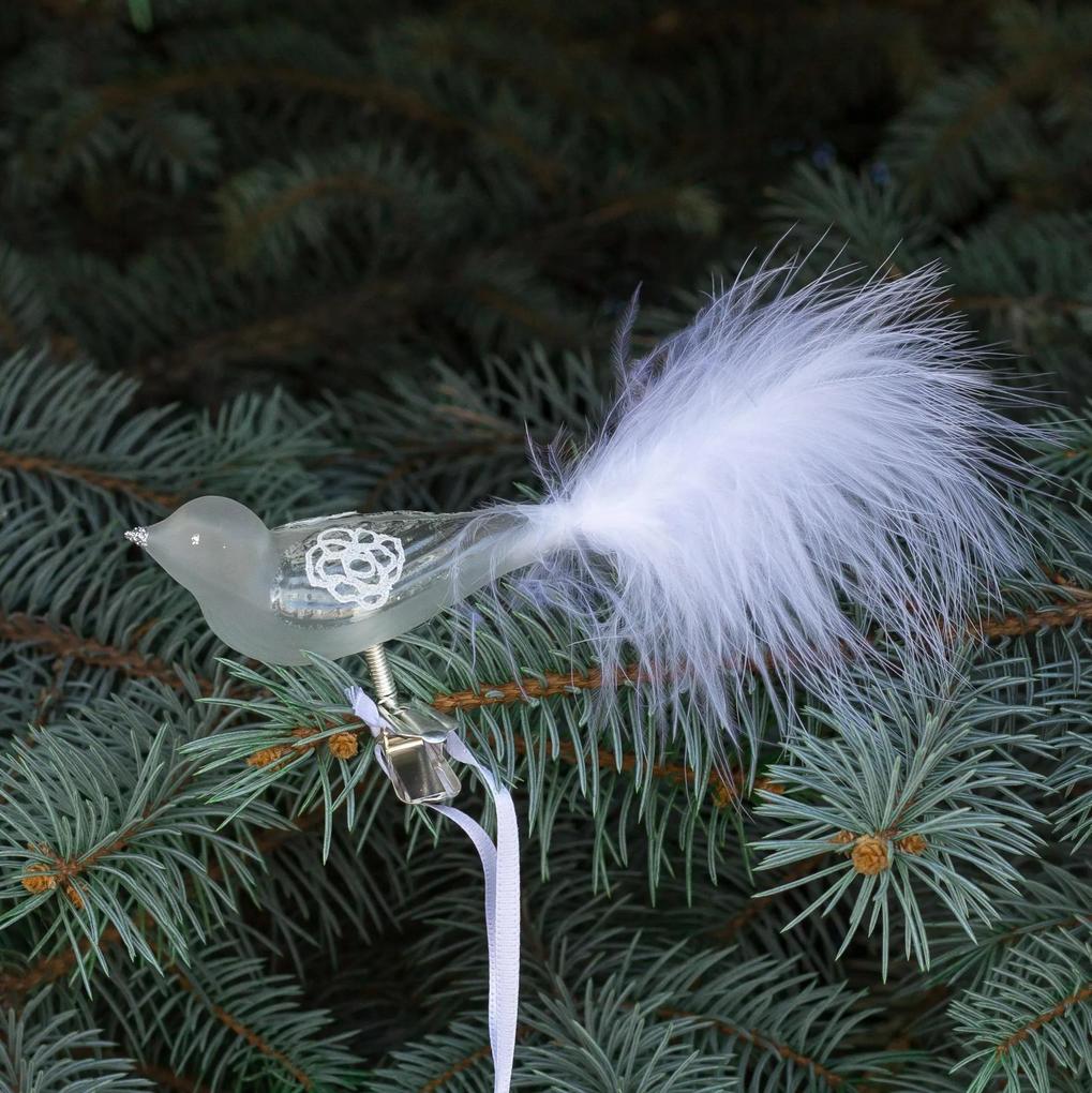 GLASSOR Skleněný ptáček na skřipci Rose White, bílá barva, sklo