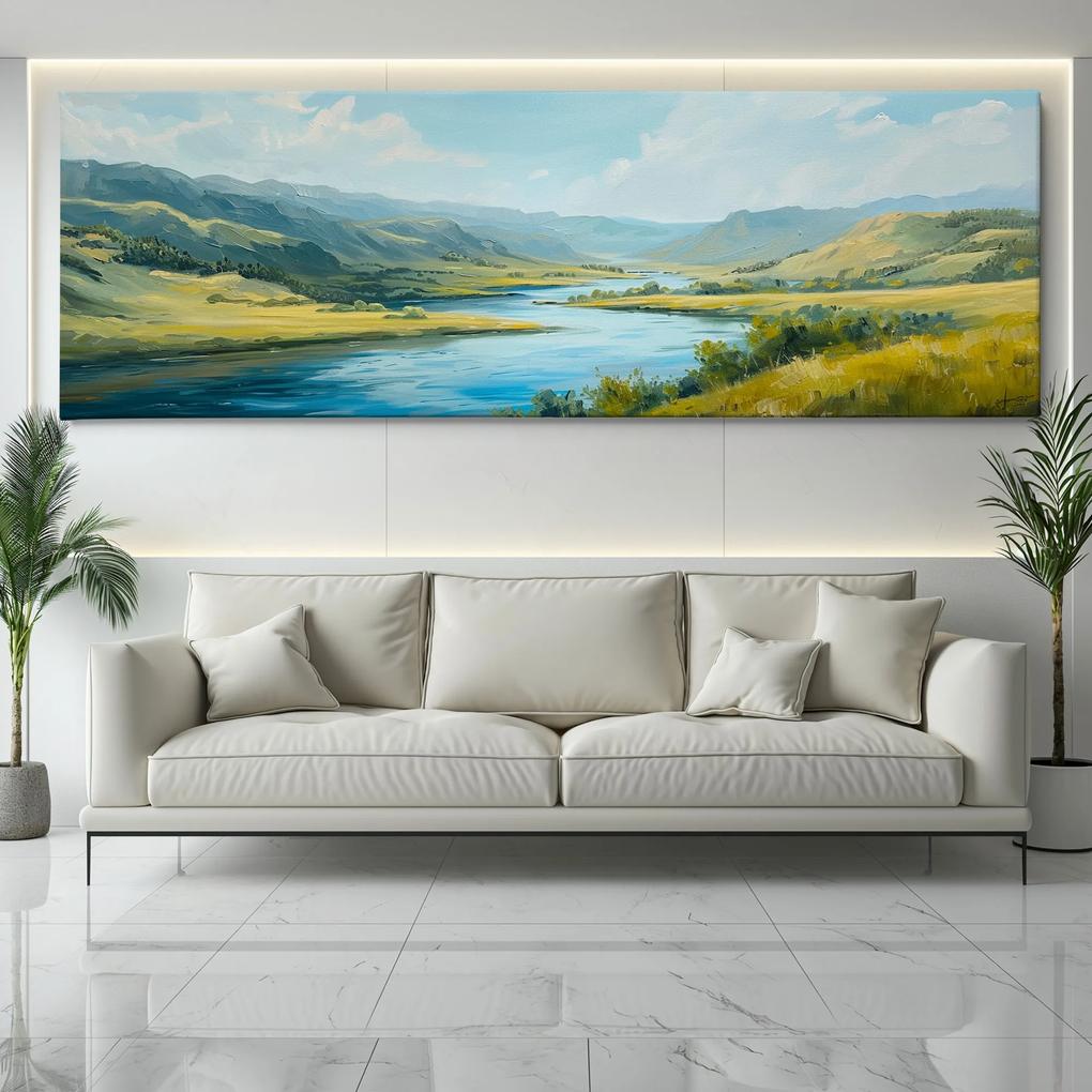 Obraz na plátně - Údolí řeky s malými kopci FeelHappy.cz Velikost obrazu: 240 x 80 cm