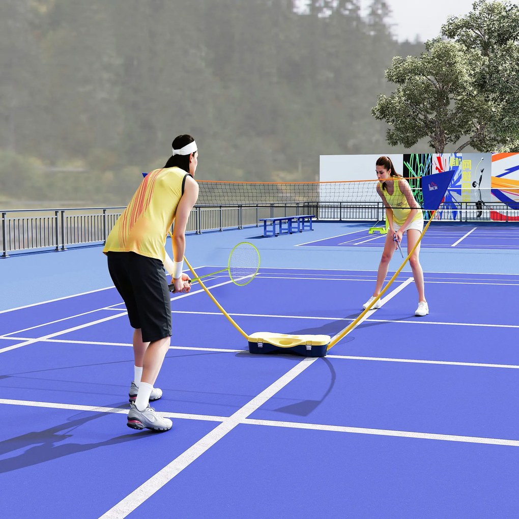 HOMCOM Badmintonová síť se stojanem, přenosný stojan na badminton, včetně 4 badmintonových raket, žlutá a modrá