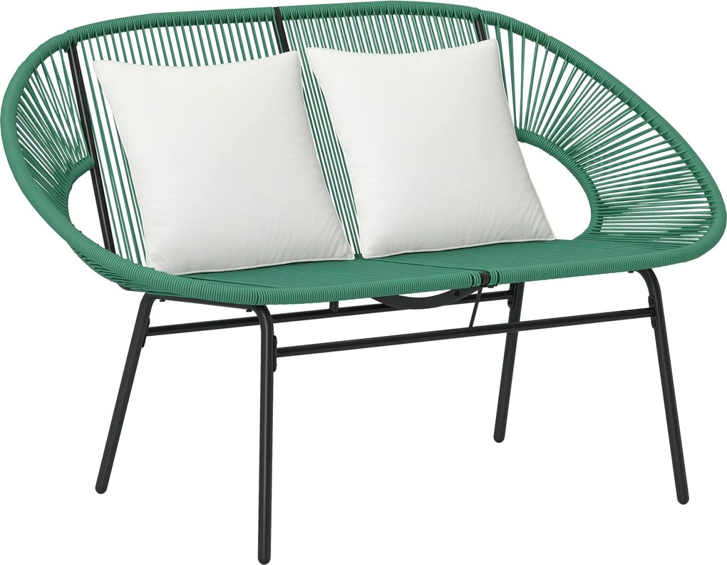 Outsunny zahradní lavička pro 2 osoby z oceli a syntetického lana s 2 polštářky - rozměry 132D x 72Š x 83V cm - tmavě zelená
