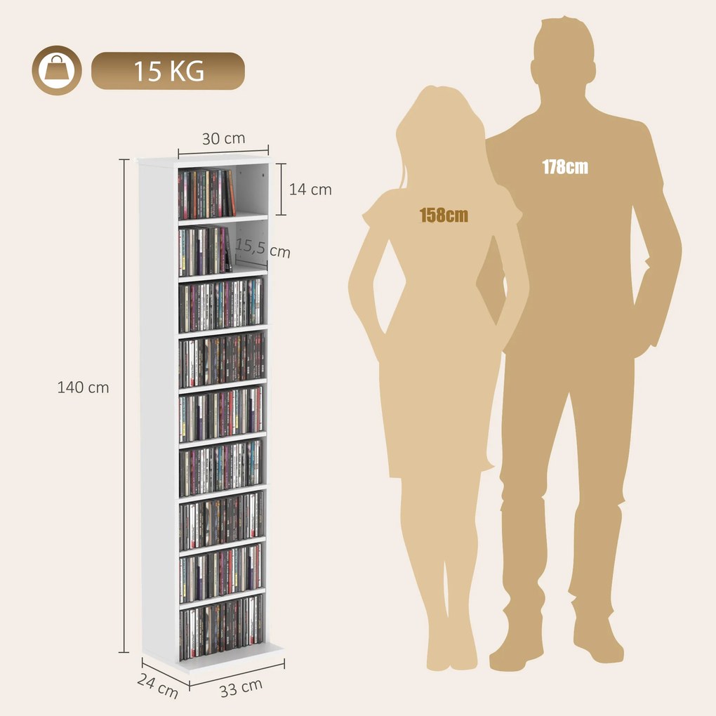 HOMCOM Police na CD/DVD, 9 úrovní, úzká volně stojící police se 6 nastavitelnými policemi, pro 260 CD, bílá