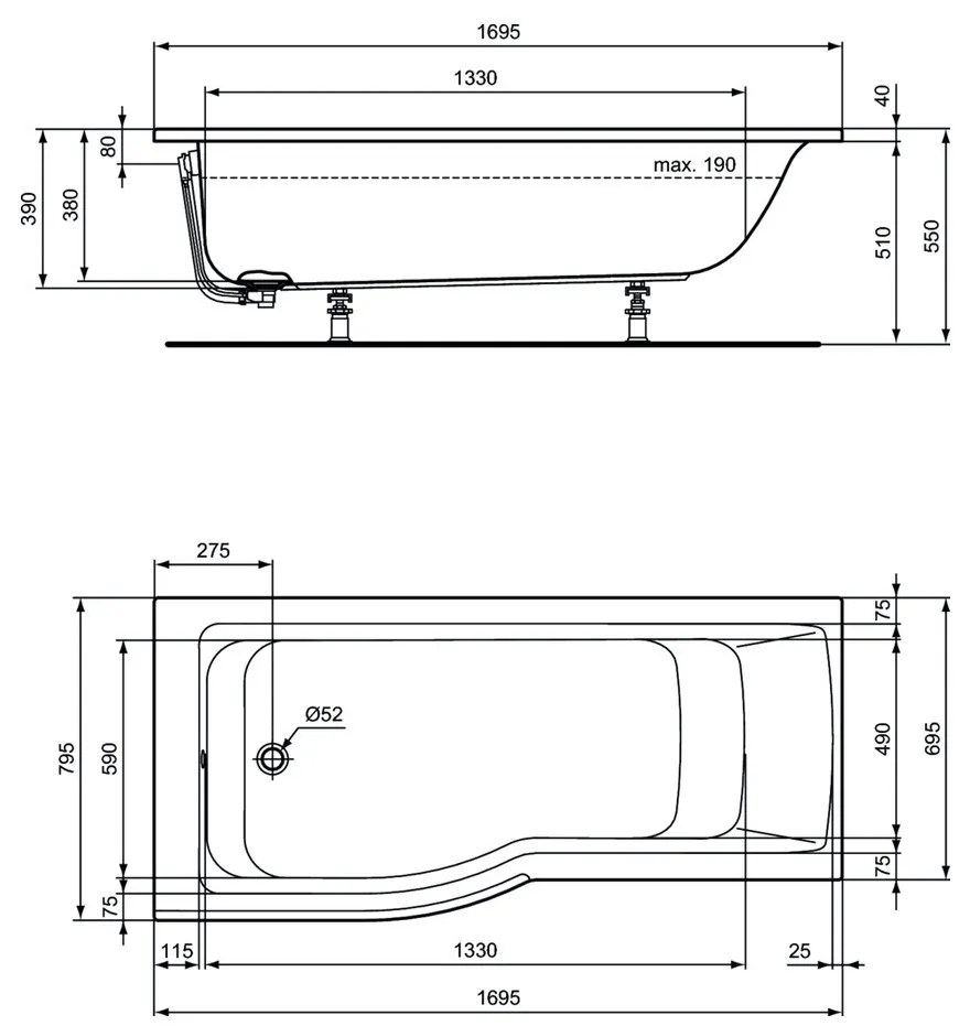 Ideal Standard Connect Air - Vana se zónou pro sprchování (levá) 1695 x 795 mm, Bílá, E113401