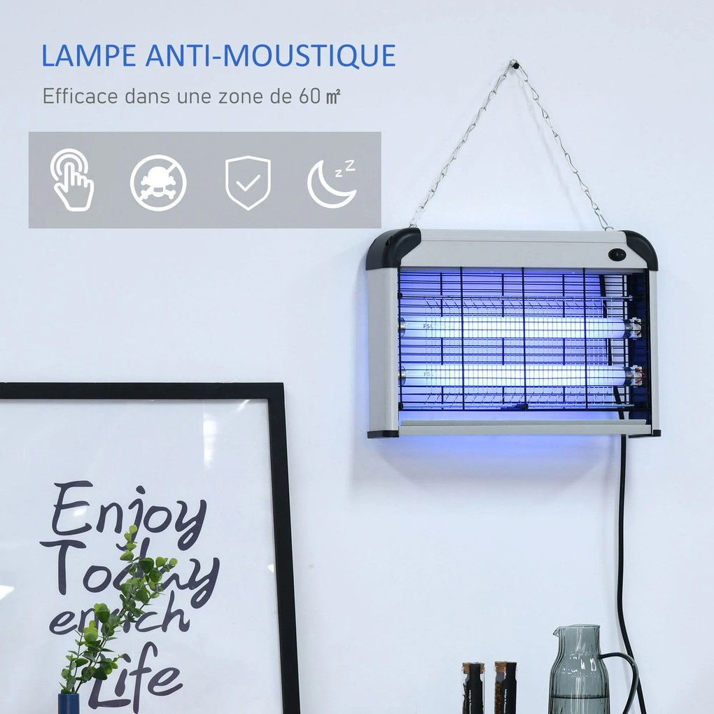 Outsunny Lampa proti komárům, Elektrický UV zabíječ hmyzu 20W, účinný na ploše 60 m², lapač komárů do interiéru i exteriéru, tmavě šedá | Aosom