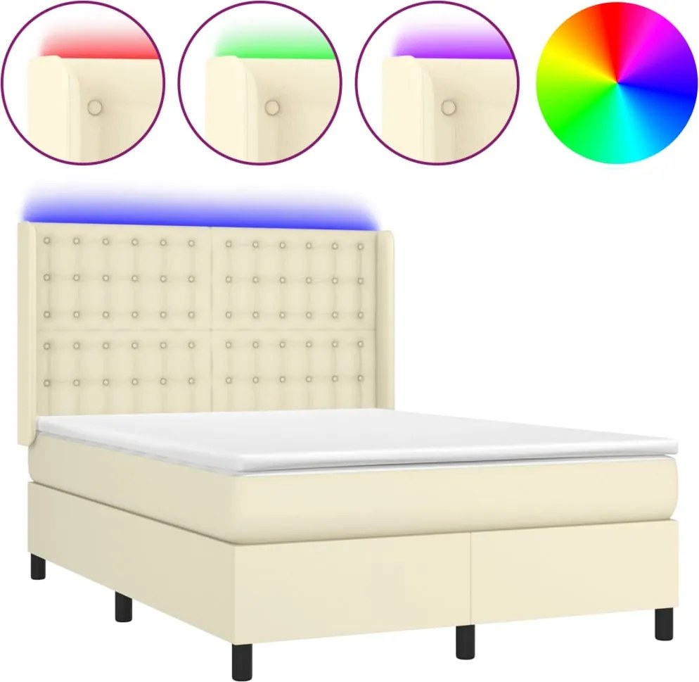 Box spring postel s matrací a LED krémová 140x190 cm umělá kůže 3139381