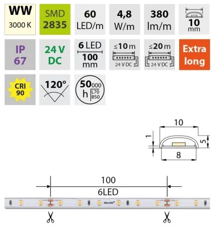 LED pásek McLED 24V teplá bílá CRI90 š=10mm IP67 4,8W/m 60LED/m SMD2835 ML-126.003.90.2