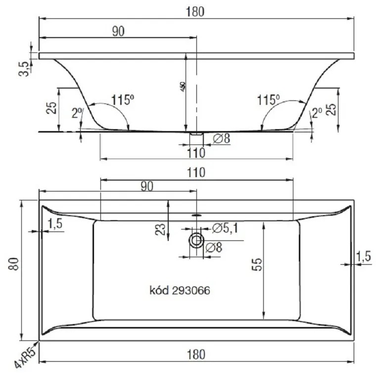 Akrylová, obdélníková vana Plano Davos odpad uprostřed 180 x 80 cm