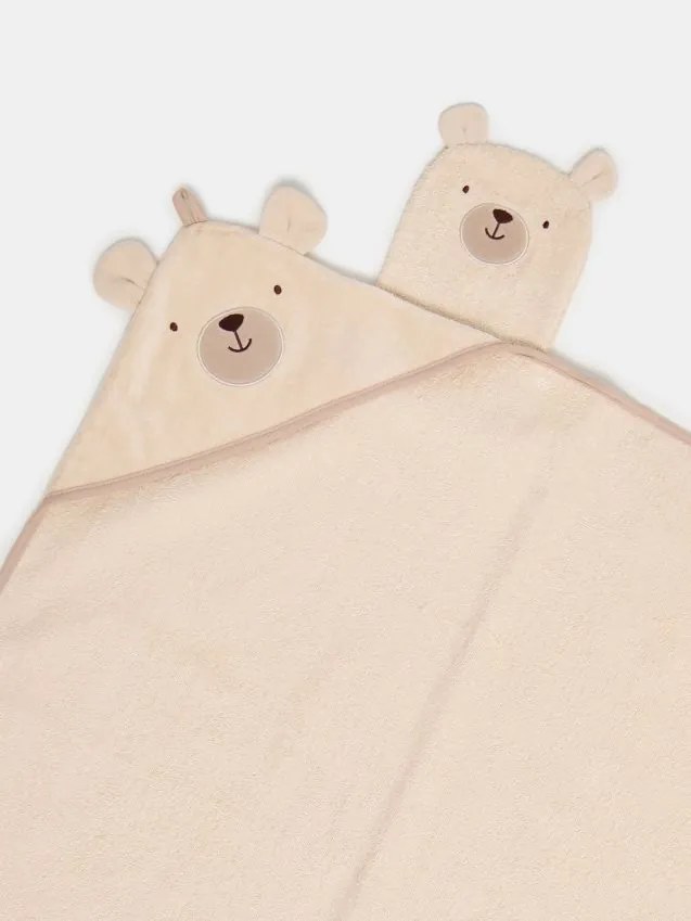 Sinsay - Bavlněný ručník s kapucí s motivem medvídka a mycí žínkou 2 pack - béžová