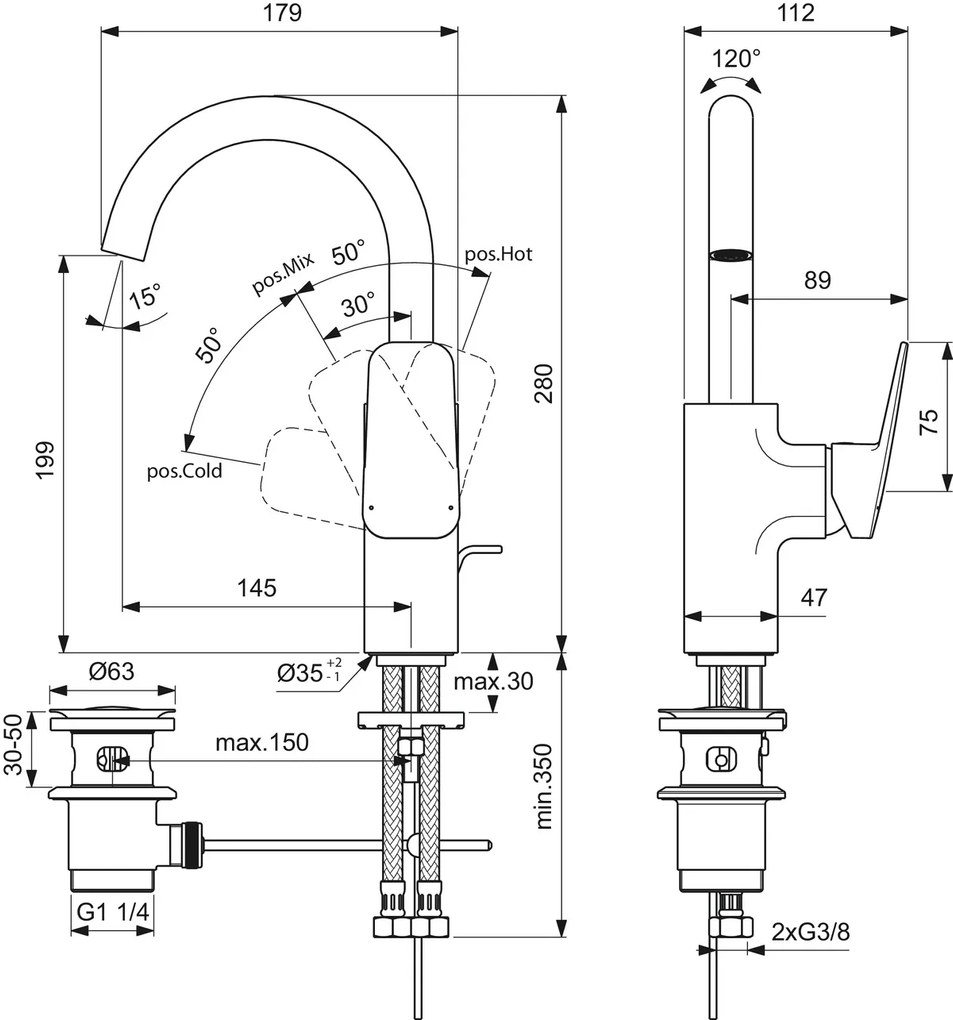 Ideal Standard Ceraplan - Umyvadlová baterie s otočným výtokem s kovovou odtokovou garniturou, chrom BD235AA