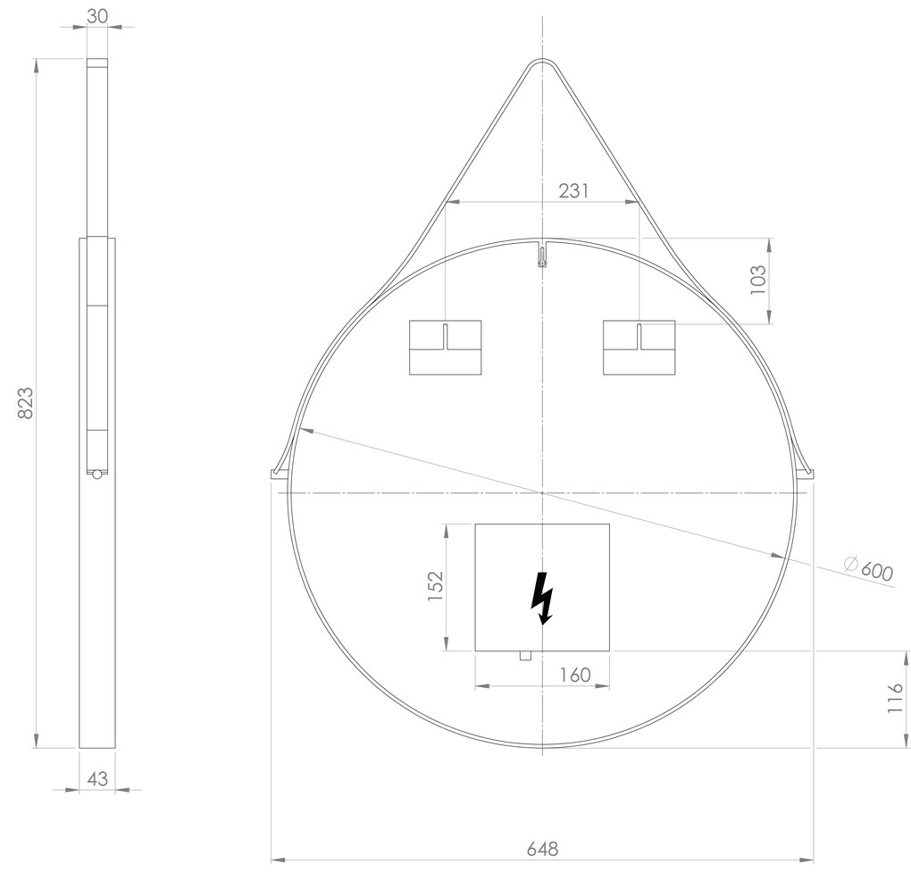 Sapho, ORBITER LED podsvícené kulaté zrcadlo s koženým popruhem, o 60cm, černá mat