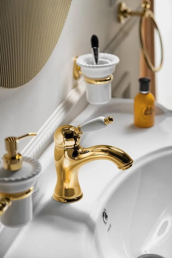 Sapho Sapho, KIRKÉ WHITE stojánková umyvadlová baterie s výpustí, bílá páčka, bronz, KI02BB