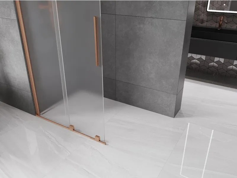 Mexen Velar, sprchová zástěna s posuvnými dveřmi Walk-in 110 x 200 cm, 8mm sklo námraza, měděná matná, 871-110-000-33-65