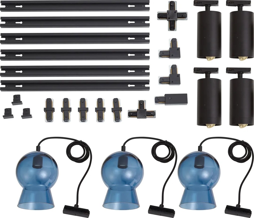 Modern Black Track System with 4 Spotlights and 3 Blue Pendant Lights 1-Phase - Iconic Bell Jeana Luxe