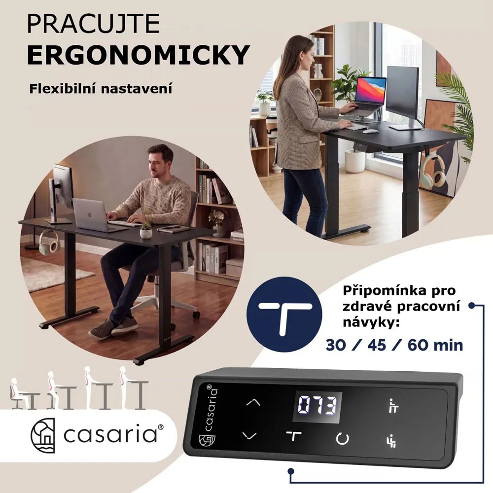 Výškově nastavitelný kancelářský stůl FLEXI, 160x70x72-117cm, černá Casaria