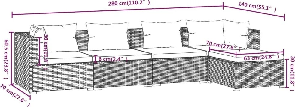 vidaXL 5dílná zahradní sedací souprava s poduškami polyratan [3101659] Barva: Černá