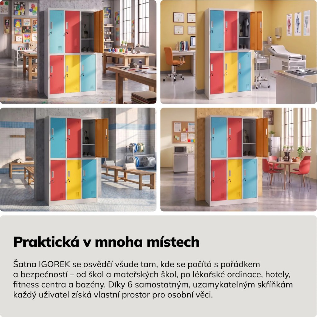 Školní skříňka BOZP 6komorová šedo-vícebarevná, 900x1500x450 mm: IGOREK