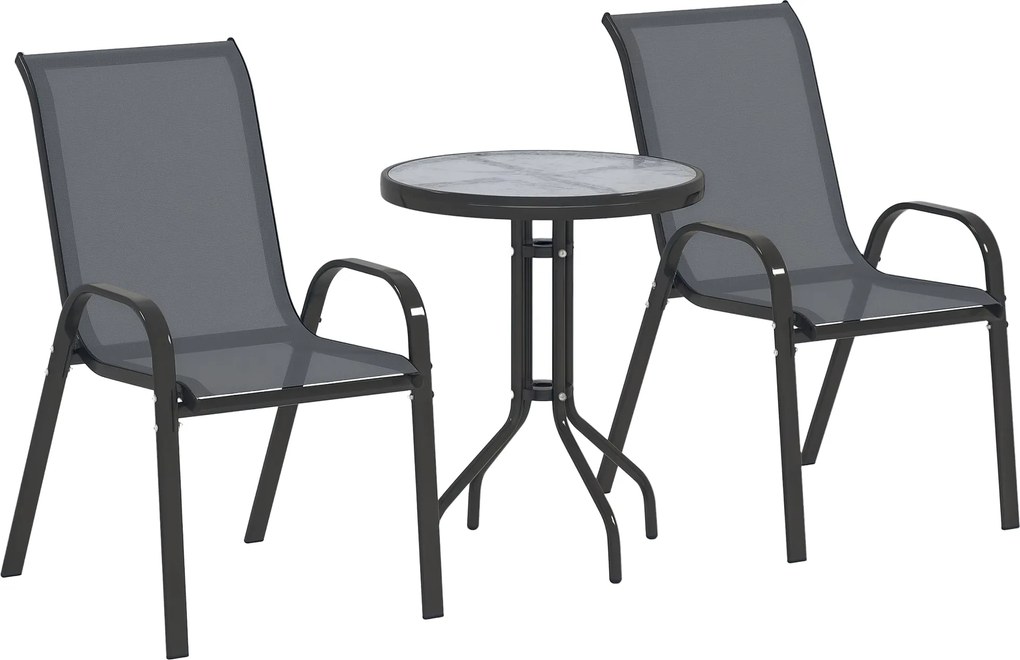 Outsunny 3dílný bistro set odolný vůči počasí s tvrzeným sklem a stohovatelnými židlemi — tmavě šedý | Aosom