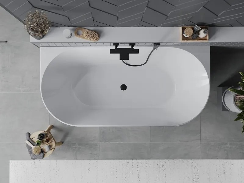 Mexen Oval Slim, volně stojící vana ke stěně 170 x 80 cm, bílá lesklá, černý matný přepad, 52661708000-70