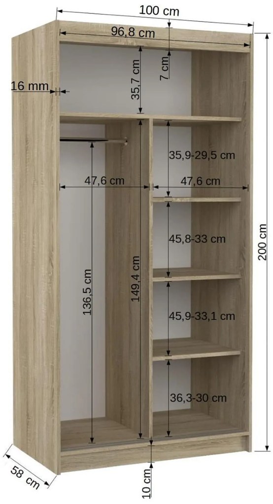 Šatní skříň s posuvnými dveřmi Limbo - 100 cm Barva: dub Sonoma/Bílá