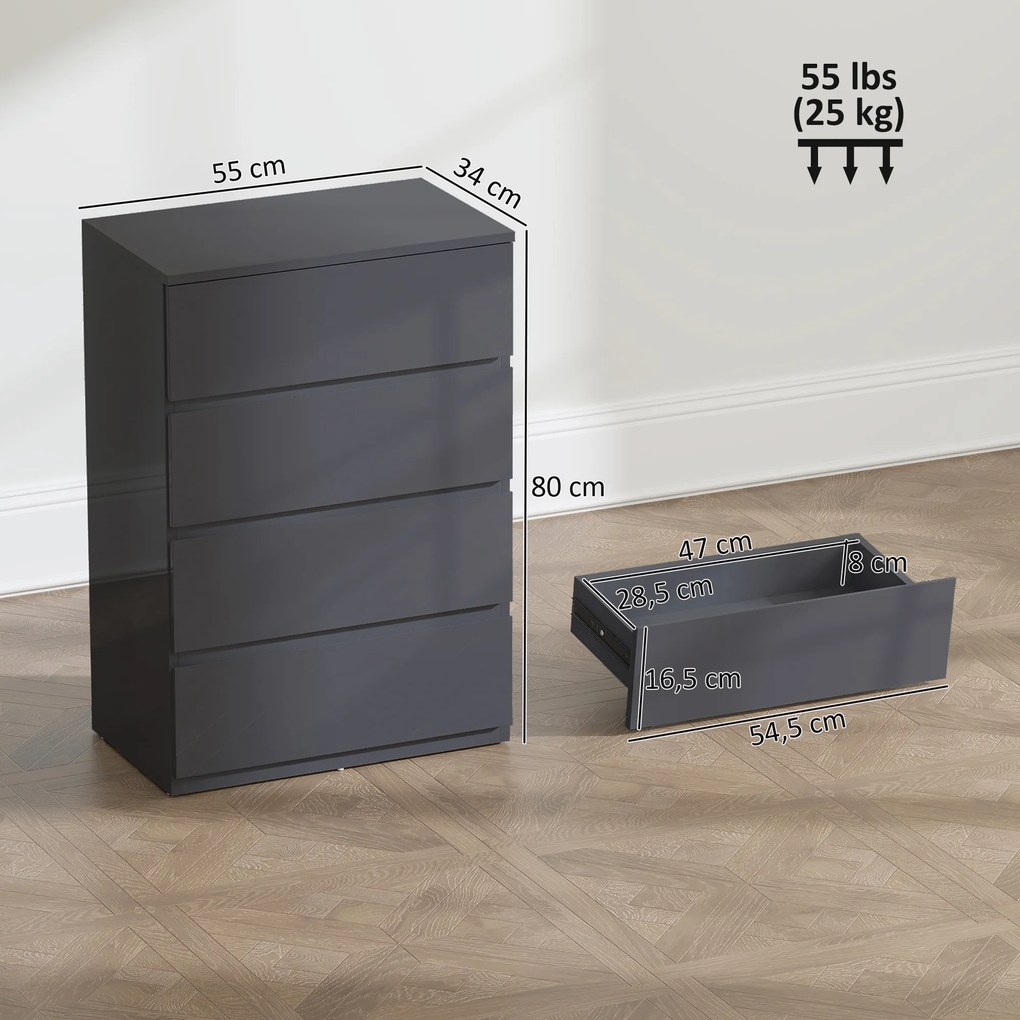 HOMCOM komoda se 4 zásuvkami, vysoce lesklý úložný nábytek, soft-close, 55 x 34 x 80 cm, šedá