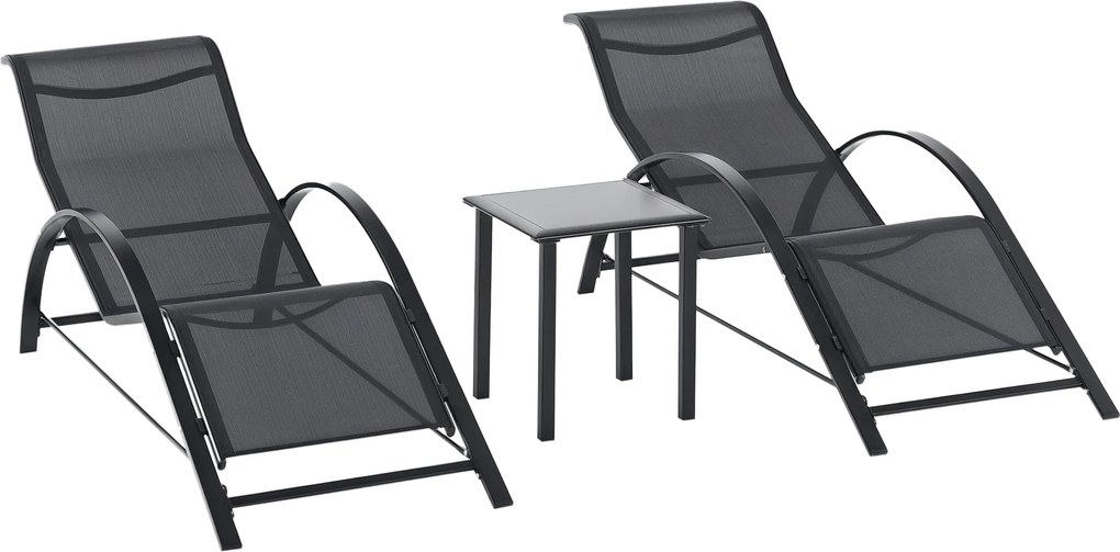 Outsunny Sada Zahradních Lehátků Metal Mesh 3-dílná Sada Lehátka se Servírovacím Stolkem Zahradní Nábytek se 2 Lehátky a 1 Bočním Stolkem Skupina Seda