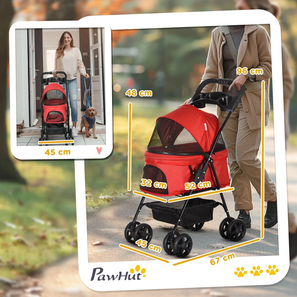 PawHut Dog Buggy skládací Oxford Red 67x45x96cm Malí psi a kočky