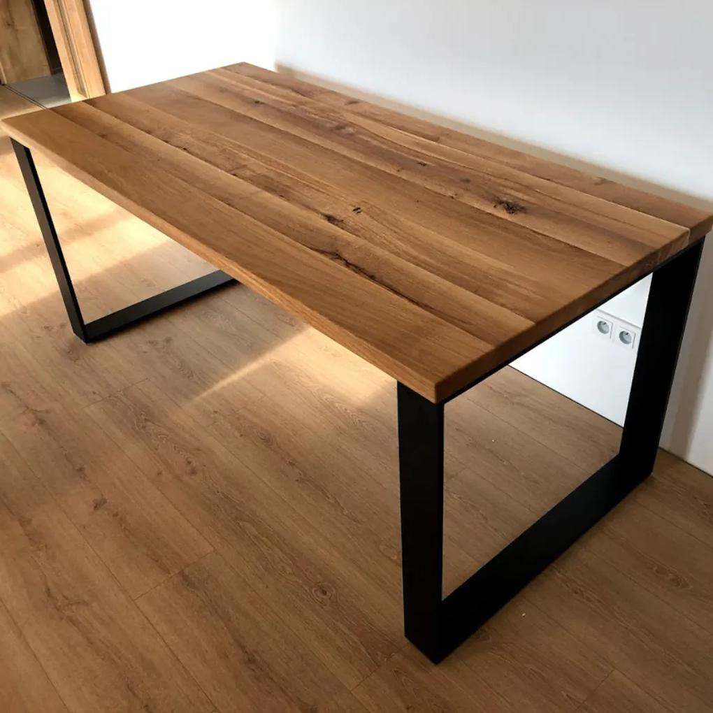 KULHÁNEK Jídelní stůl s rovnou hranou a kovovou podnoží z pásové oceli Velikost desky: individuální, Odstín podnože: černá - RAL 9005