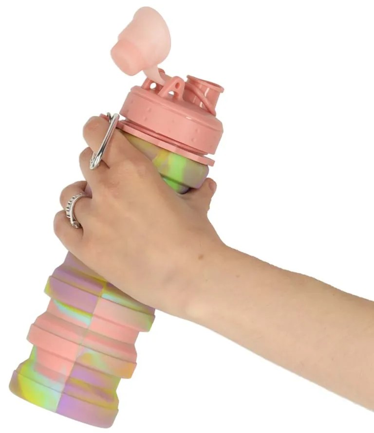 Creative Corner Láhev na vodu bidon silikonová skládací s rukojetí sportovní 500ml duhová