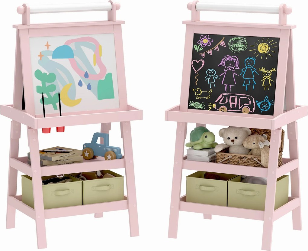 AIYAPLAY Dětský Easel 3 v 1 Dvousečný Magnetický Dětský Malířský Easel s Papírovým Rolem a Úložnými Košíky 59x48x118 cm Růžový | Aosom
