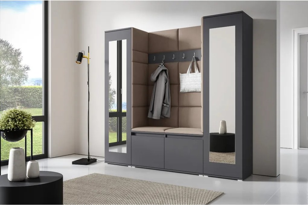 Eka Předsíňová stěna s čalouněnými panely Trinity 31 - Grafit / Tmavá béžová 2305