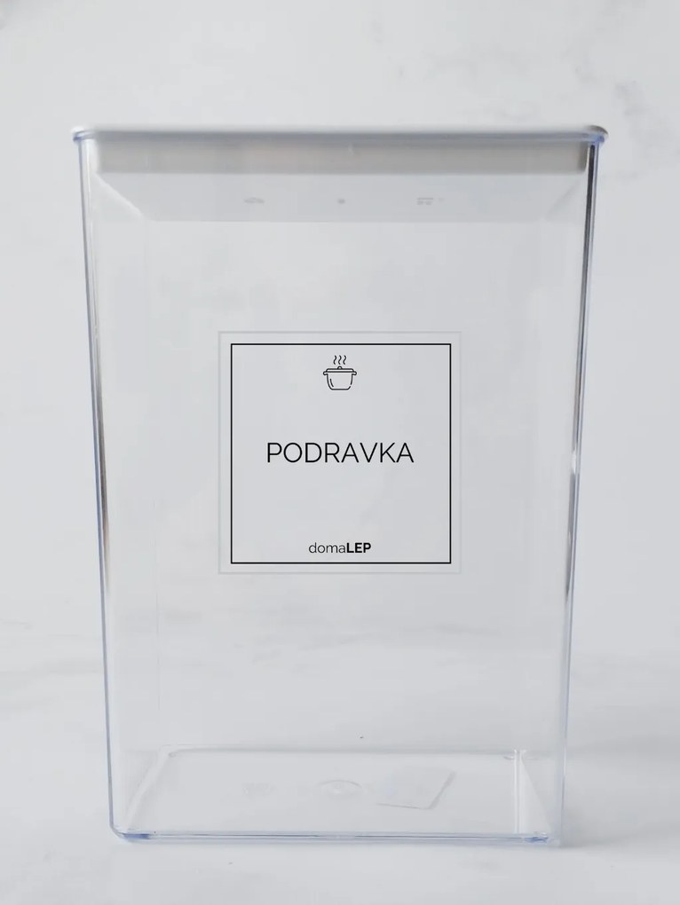 PODRAVKA – průhledná samolepka na dózu, základní písmo, 5 x 5 cm | DomaLEP
